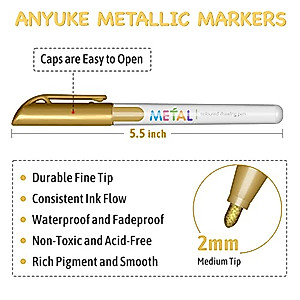 Metallic Markers Permanent Paint Pens: 12 Pack 2MM Medium Tip Metallic Pens for Black Paper, Rock, Pumpkin Painting, Scrapbooking, Egg, Mug, Glass, Fabric, Wood, Photo Album, Drawing & Art Supplies