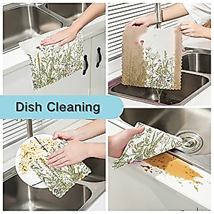 Seamless Floral Herbs and Wildflowers Botanical Pattern Pack of 6 Pcs Kitchen Dish Towels, Absorbent Soft Dishcloths for Bar cafe Car Table Chair Window Washable Towels 11 x 11 inches