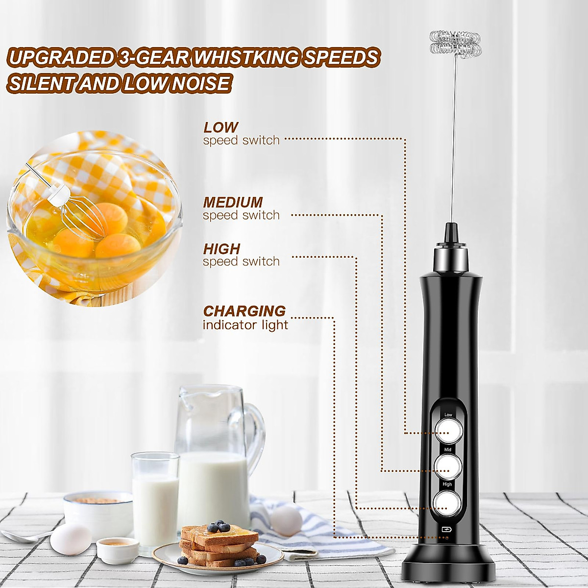 Electric Milk Frother Handheld with 3 Whisks - USB Rechargeable frother 3-Speed Adjustable Foam Maker Drink Mixer for coffee Latte Cappuccino Cake Egg Hot Chocolate