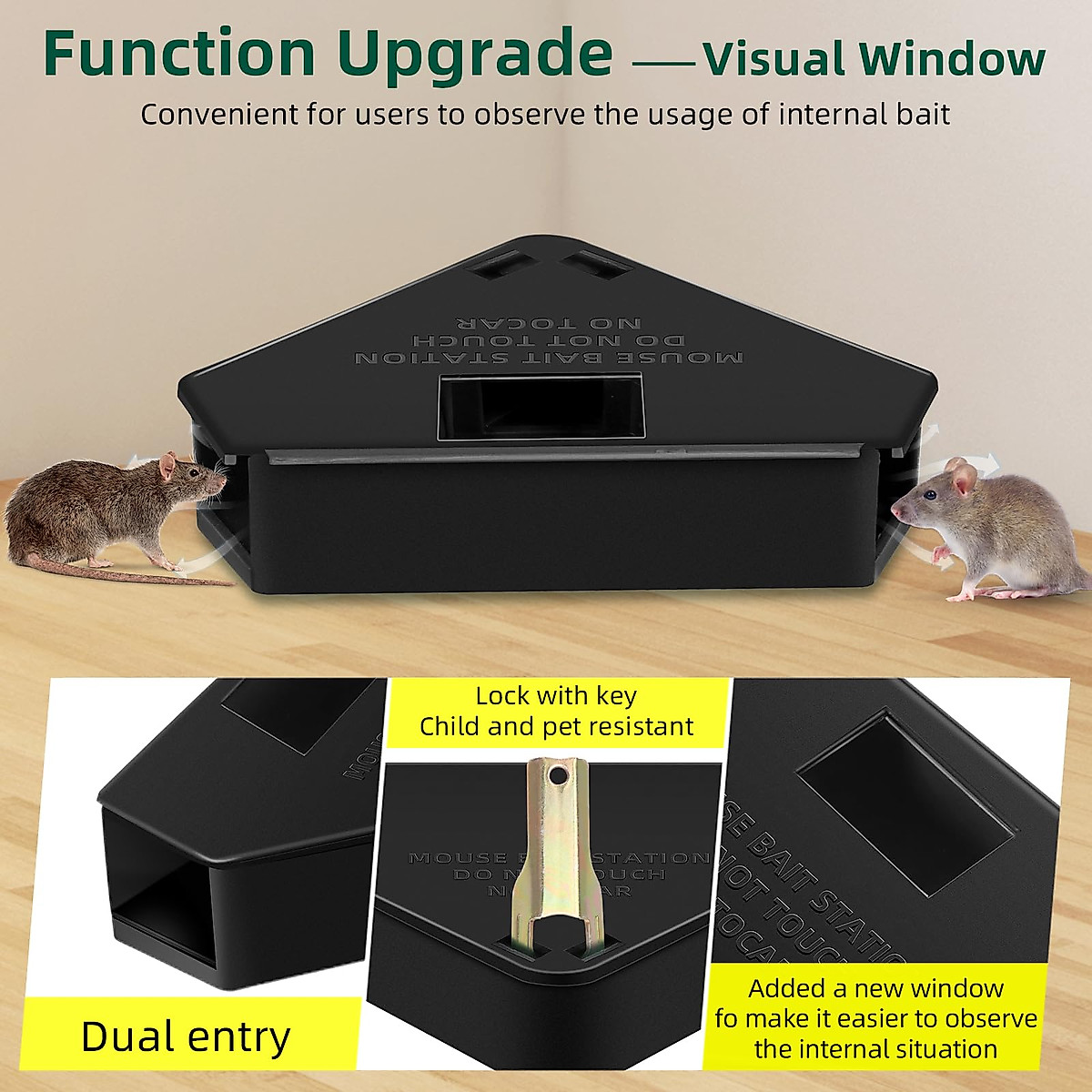 Upgraded Mouse Bait Station with Keys & Visible Window Indoor Outdoor for Rats Mice Rodents, Reusable Mouse Poisoning Bait Blocks Trap, Friendly for Children & Pets (8 Pack, Black)