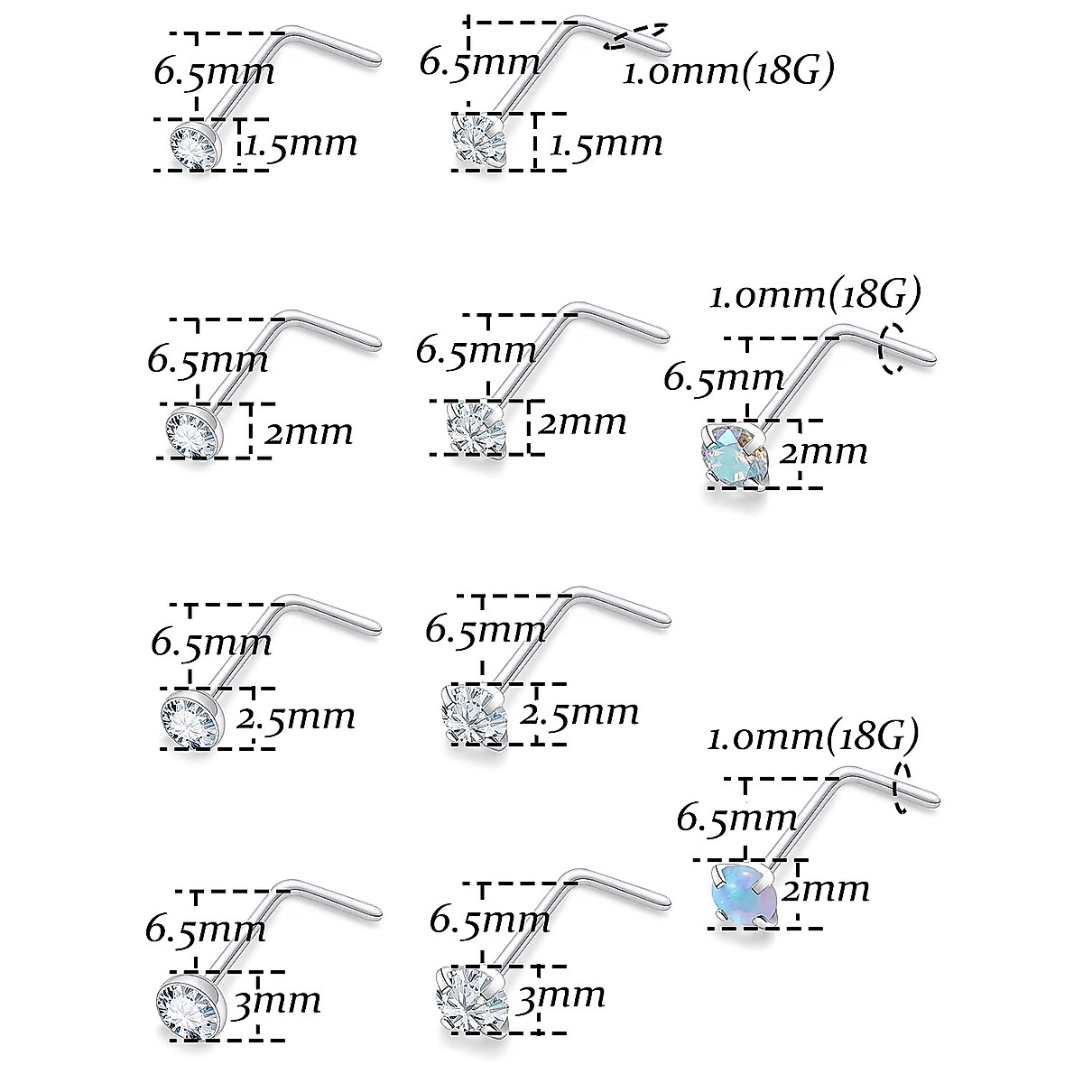 Vsnnsns 18G Opal Nose rings L Shaped Nose Studs Surgical Stainless Steel 1.5mm 2mm 2.5mm 3mm CZ Nose Rings Studs Silver Nose Rings for Women Men Girl Nose Nostrial Piercing Jewerly CZ Opal 2MM 16Pcs