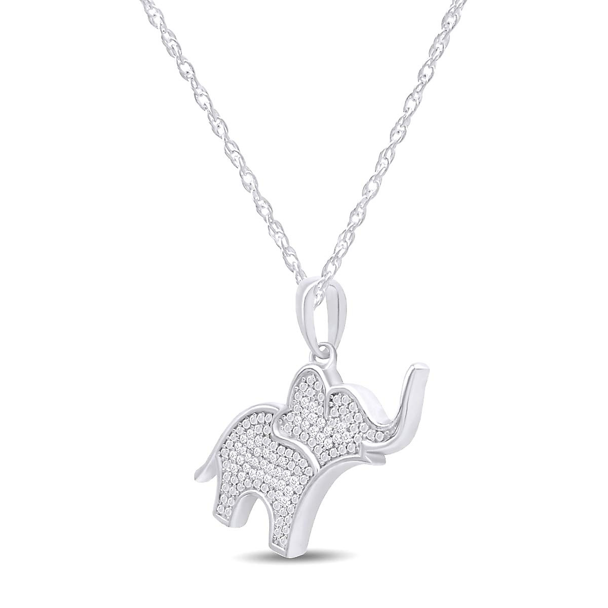 AFFY 1/8 Carat CT.t.w Round Cut White Natural Diamond Elephant Pendant Necklace in 14K White Gold Over Sterling Silver