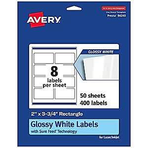 Avery Glossy White Rectangle Labels with Sure Feed, 2" x 3.75", 400 Glossy White Labels, Print-to-The-Edge, Permanent Label Adhesive, Laser/Inkjet Printable Labels