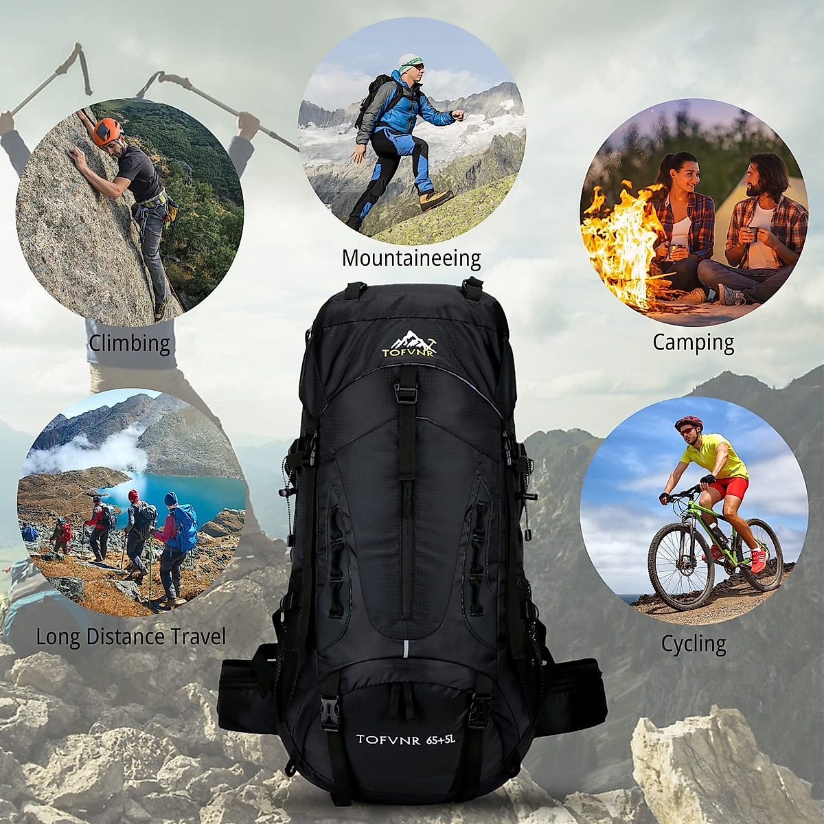 70L Large Camping Hiking Backpack , Lightweight Nylon Trekking Rucksack,For Men Women Outdoor Large Capacity Sports Mountaineering Backpack Climbing Travel Waterproof Daypack, Black