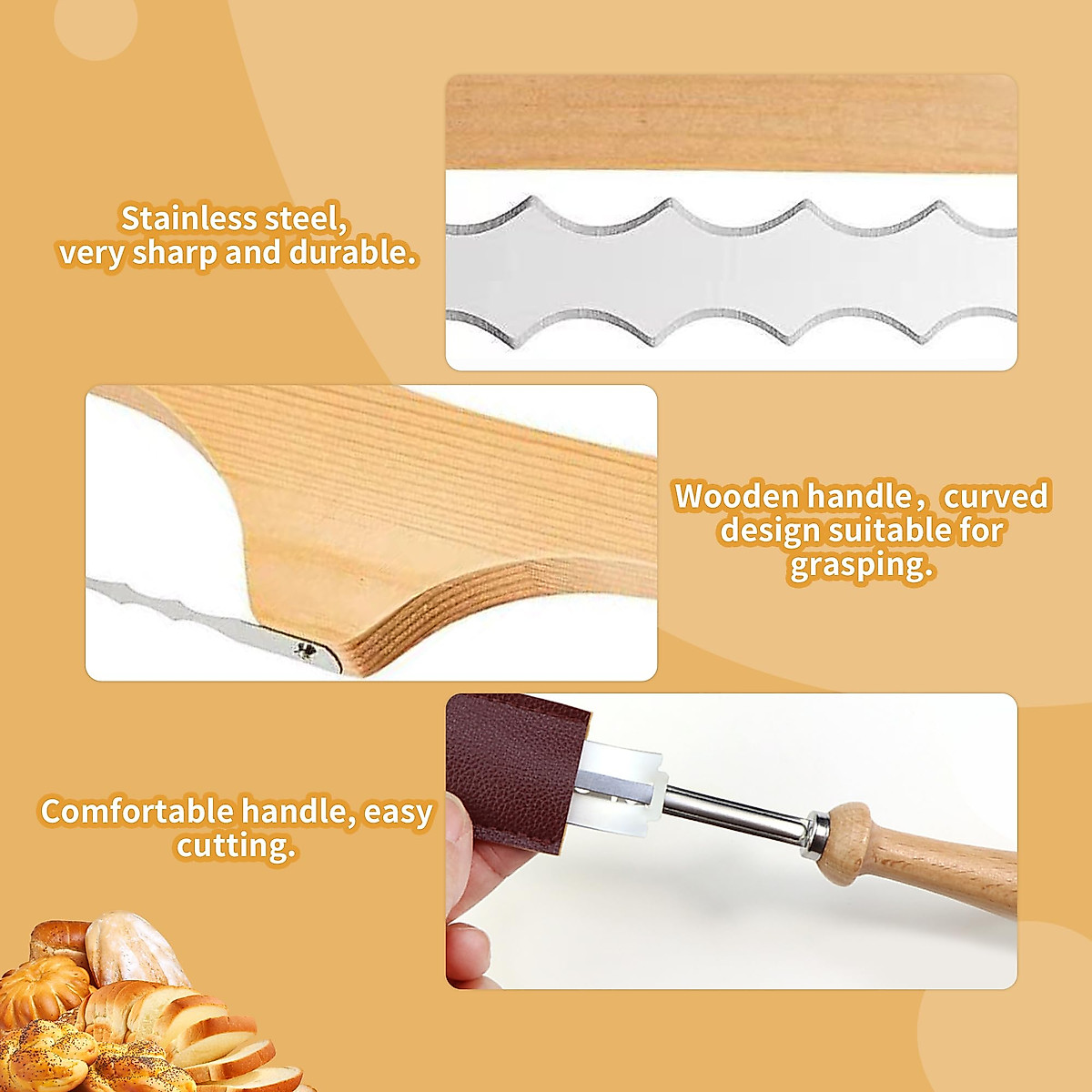 AmaCielo Bread Bow Knife, Bread Knife for Homemade Bread, 16.5 Inch Wooden Double-Sided Serrated Bread Slicer, Bread Cutter for Sourdough, Bagels, Baguettes, Premium Stainless Steel