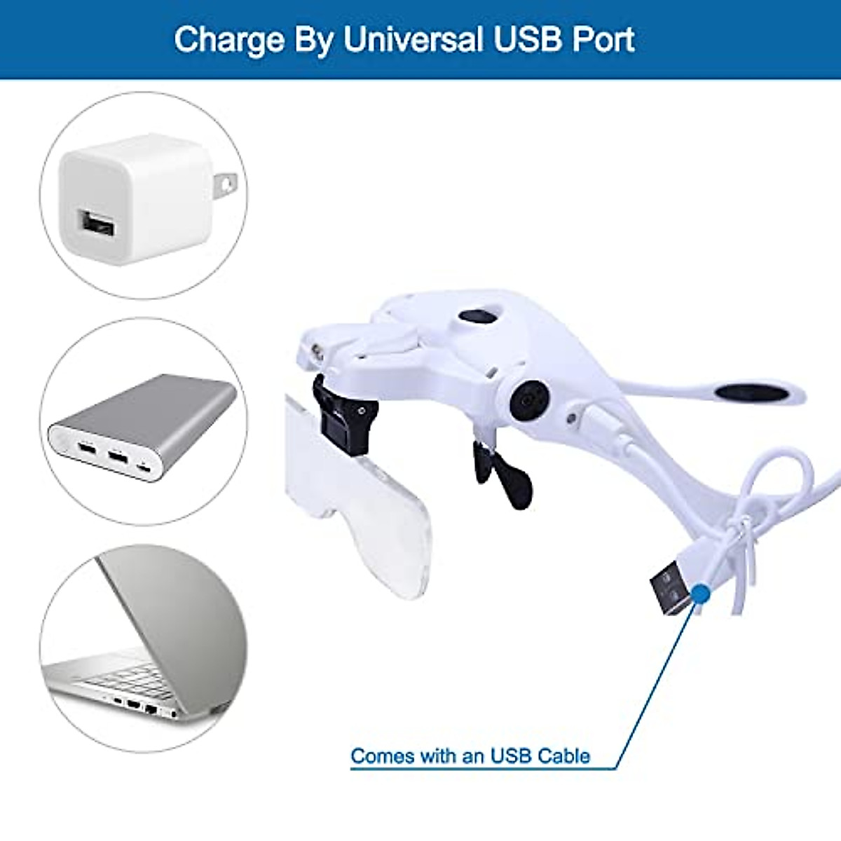 TMANGO Magnifying Glasses with LED Lights,Storage Case | Rechargeable Head Mount Magnifier for Close Up Work, Cross Stitch, Watch Repair, Jewelry，Hobby Crafts,Reading Aid