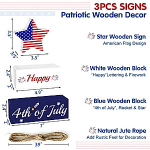 4th of July Patriotic Decorations, 3Pcs Wooden Signs, Fourth of July Red White and Blue Decorations, Memorial Day Independence Day July 4th Decor for Home Tiered Tray Decor