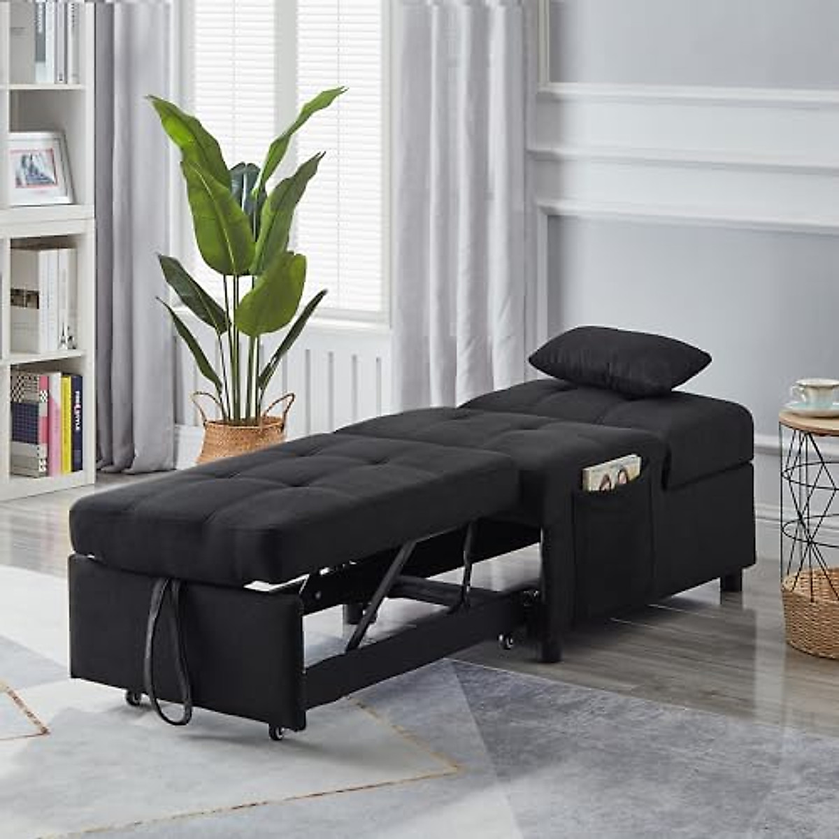 Convertible Pull Out Single Sofa Chair,3-in-1 Multi-Functional Sleeper Chair Bed, Adjustable Backrest Recliner with Modern Fabric for Living Room Bedroom Apartment Small Space（Black）