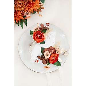 Ansofi Set of 6 Burnt Orange Wrist Corsages for Wedding, Corsage Bracelet Hand Flower for French Rustic Wedding Ceremony, Anniversary Prom Homecoming Formal Dinner Party