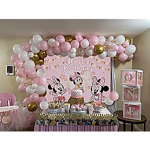 Cartoon Baby Mouse Backdrop Kids 1st 2nd Birthday Pink Mouse Theme Party Photography Backdrop Girls Baby Shower Cake Table Decoration Background (7x5ft)