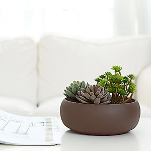 MyGift 7 Inch Round Unglazed Brown Ceramic Plant Pot with Drainage Hole, Small Shallow Planter Bowl for Succulent, Cactus and Fillers
