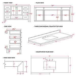 ARIEL 55" Espresso Bathroom Vanity with 1.5" Edge Pure White Quartz Countertop & Backsplash, Center Rectangular Sink, 2 Soft Closing Doors, 9 Full Extension Dovetail Drawers, Satin Brass