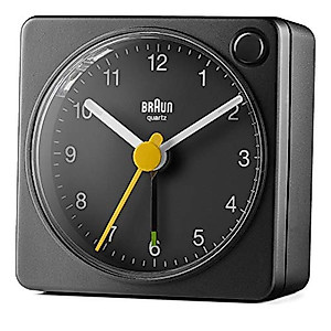 Braun Classic Travel Analogue Clock with Snooze and Light, Compact Size, Quiet Quartz Movement, Crescendo Beep Alarm in Black, Model BC02XB, One
