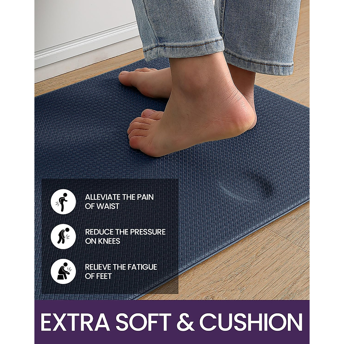 DEXI Kitchen Floor Mats Cushioned Anti Fatigue,17x29+17x59, Standing Runner Rug Waterproof, Comfort Memory Foam Padded for Front Sink Laundry Set of 2, Navy