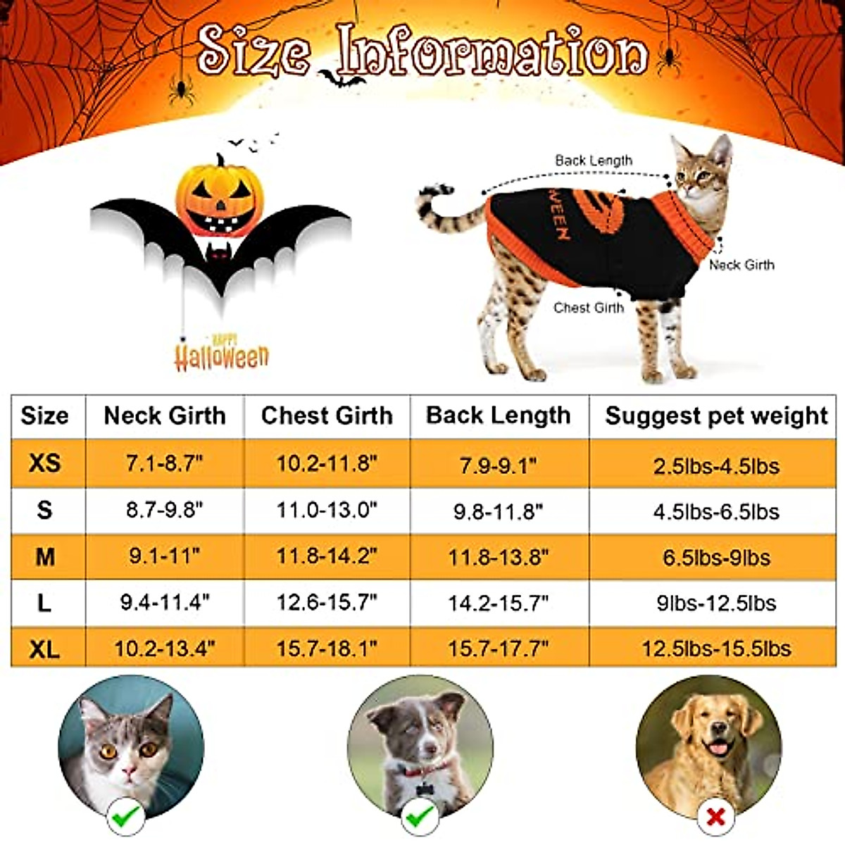 HUMLANJ 2 Packs Halloween Cat Sweater Turtleneck Knitted Pumpkin Sweaters for Cats Only Kitten Kitty Skull Sweater Warm Winter Knit Pullover Knitwear Puppy Small Dogs