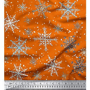 Soimoi Cotton Cambric Orange Fabric - by The Yard - 42 Inch Wide - Snow Flakes & Star - Winter Whimsy with Snow Flakes and Star Stripes Printed Fabric
