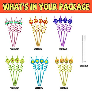 24 60's Hippie Theme Party Favors Retro Flower Cutouts Peace Drinking Straws for 60s Groovy Party Supplies Tie Dye Birthday Party Supplies with 2 PCS Straws Cleaning Brush
