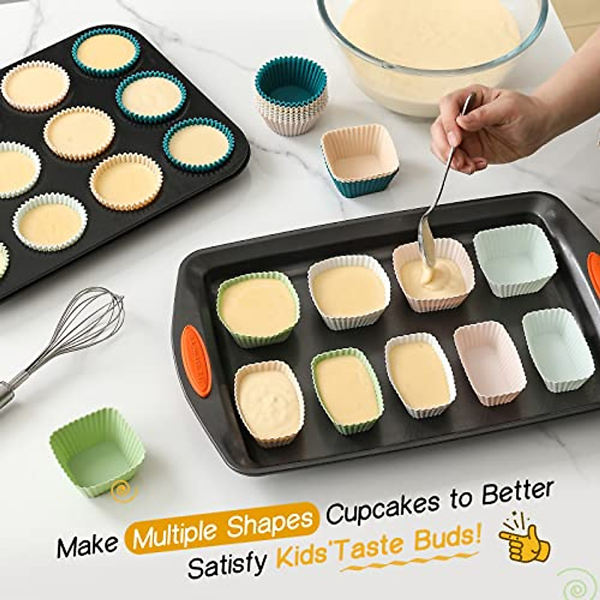 48 Pack Silicone Cupcake Liners, 3 Shapes of Standard Round & Square & Rectangle - Reusable Non-Stick Muffin Cups for Baking, Multicolor Bento Lunch Box Dividers - Non-Toxic, BPA Free, Dishwasher Safe