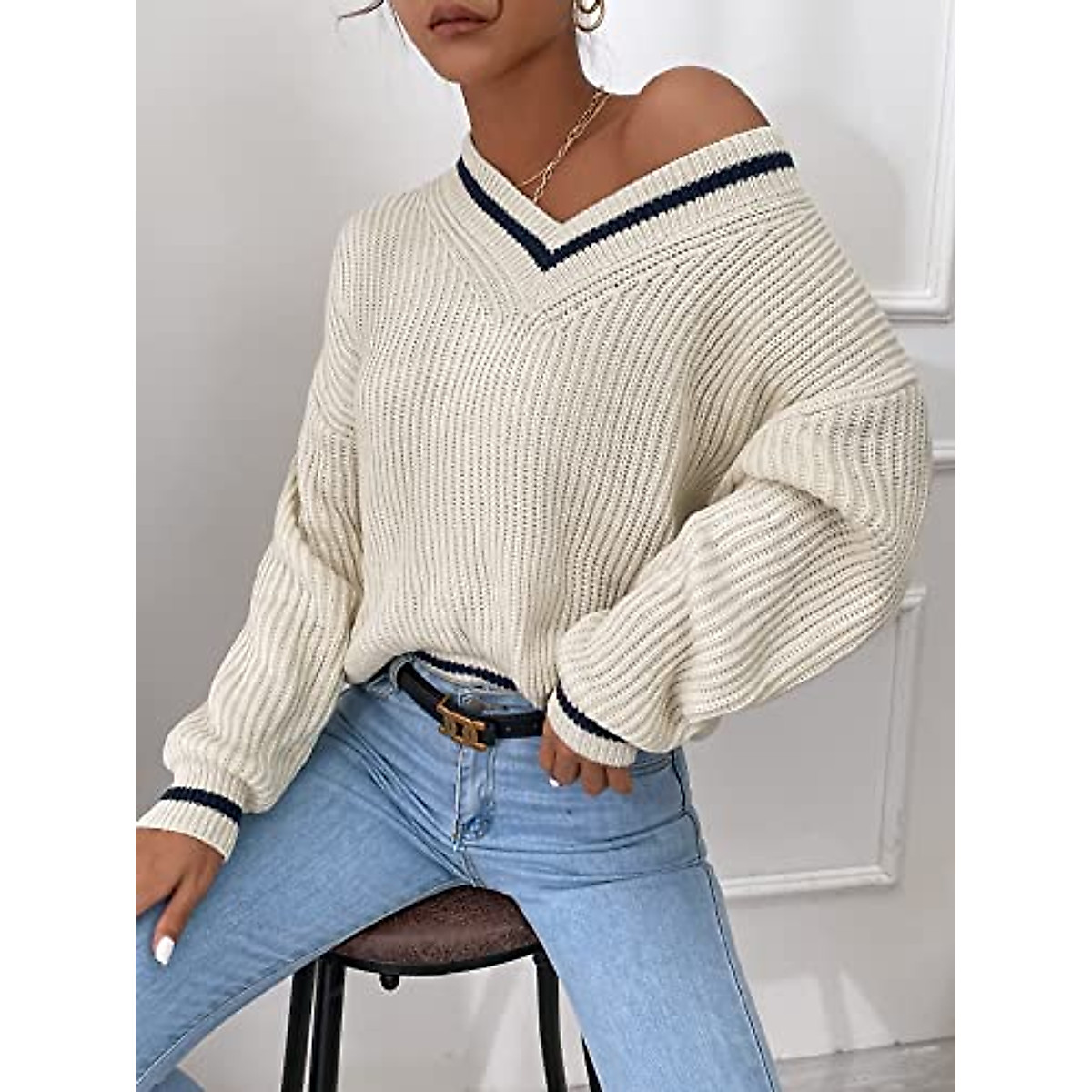 SHENHE Women's V Neck Ribbed Knit Long Sleeve Drop Shoulder Pullover Sweater Tops Beige M