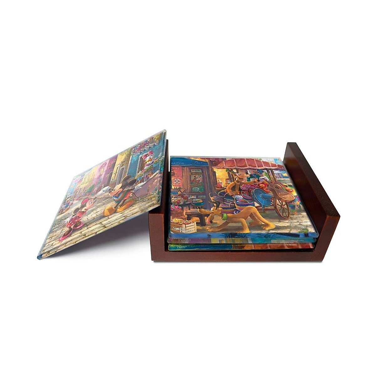 Disney – Mickey and Minnie Mouse in Mexico – Thomas Kinkade Studios – Set of Four 4” x 4” Glass Coasters - Comes with Stylish Modern Wooden Coaster – for Gifting and Collecting