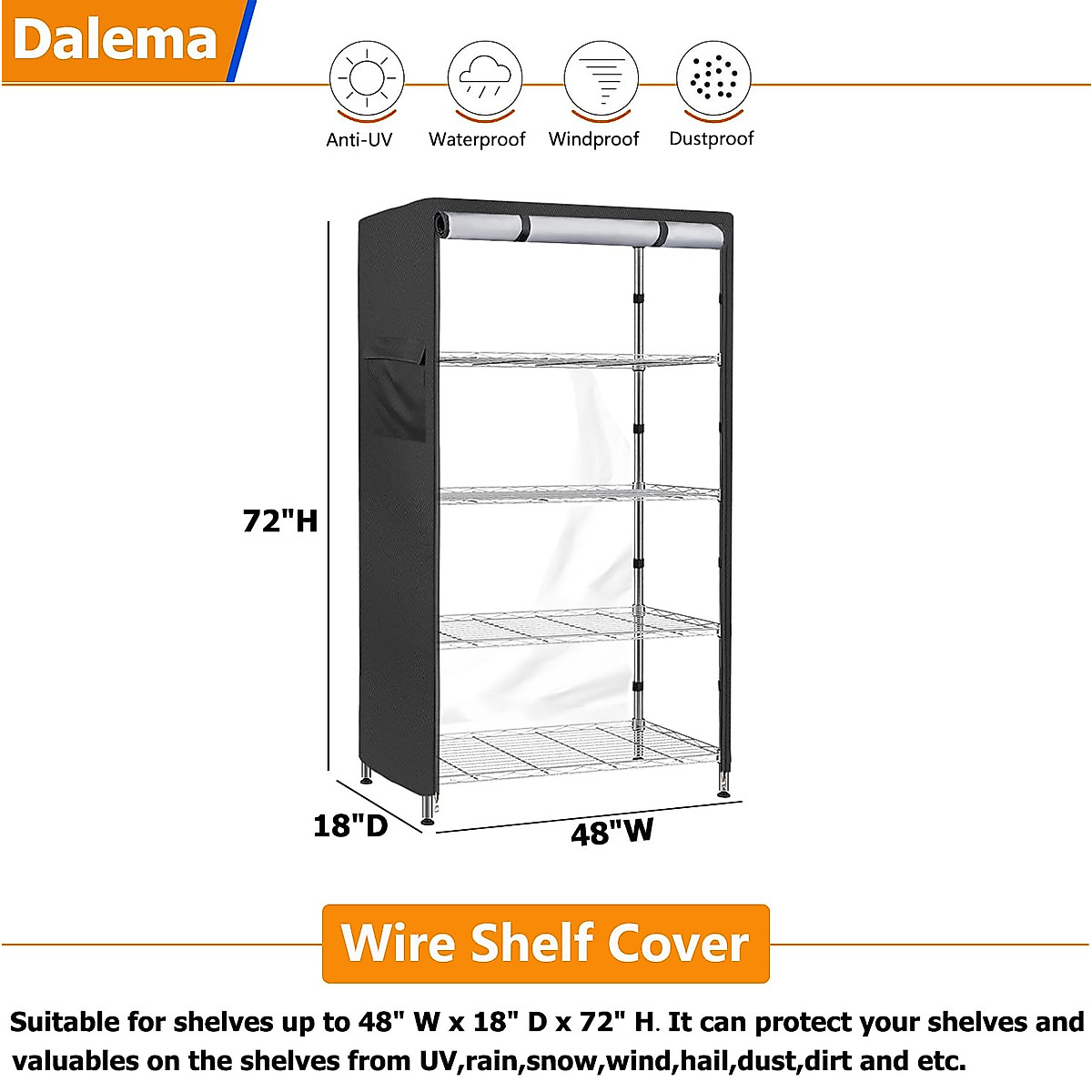 Dalema Waterproof Shelf Cover,600D Heavy Duty Dustproof Storage Wire Rack Covers,Outdoor Shelving Covers for Wire Shelves with Zipper 48''x18''x72'',Black,Cover Only