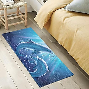 Fluffy Floor Carpet-Dolphin Blue Ocean Summer，39x20in Front Door Mat Indoor Machine Washable Carpet,Aesthetic Rug