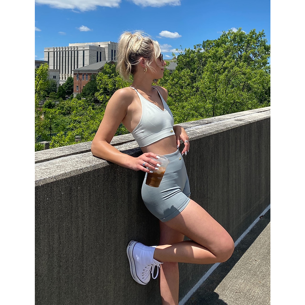 FRESOUGHT Workout Sets for Women 2 Piece Ribbed Yoga Outfits Crop Tops Seamless Gym High Waisted Biker Shorts Set Grey M