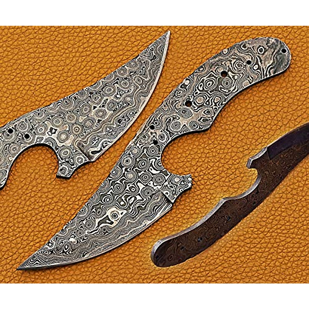 7.5 inches long hand forged rain drop pattern Damascus steel trailing point blank blade skinning knife, 3" long sharp cutting edge, 4" scale space with 6 pins hole