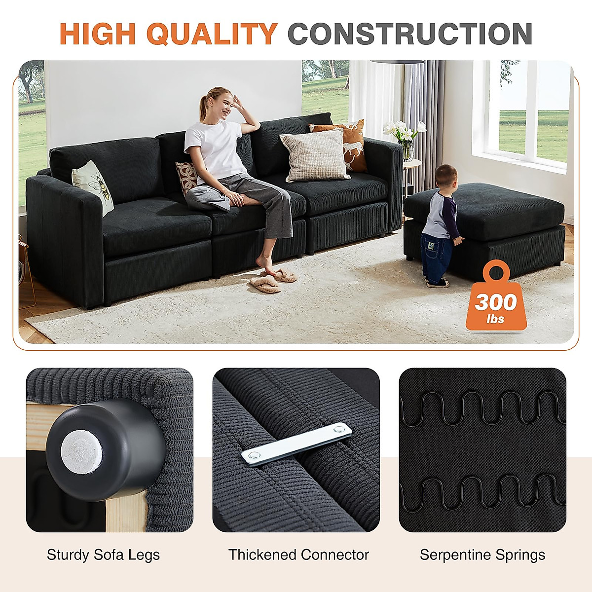 Sweetcrispy SF-1-M01-0227 Sectional Couches for Living Room, 4-Seat Sofa, Dark Grey