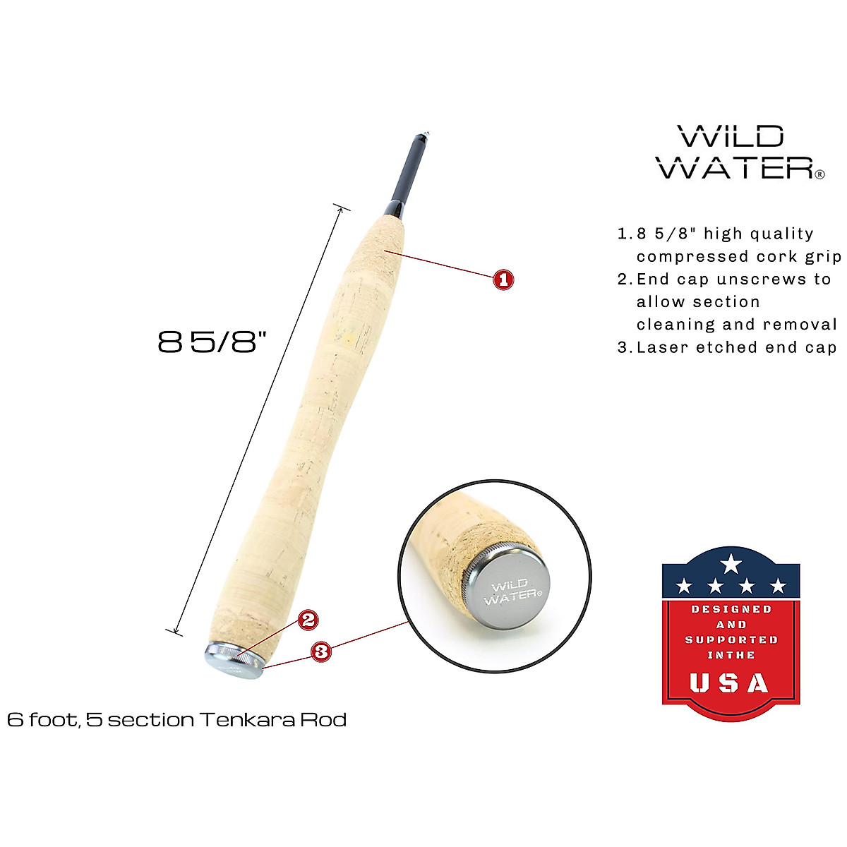 Wild Water Fly Fishing Tenkara Rod, 6 Foot, 5 Section IM8 Graphite Telescopic Rod with Cork Handle, Hard Tube Rod Case and Knitted Rod Sock