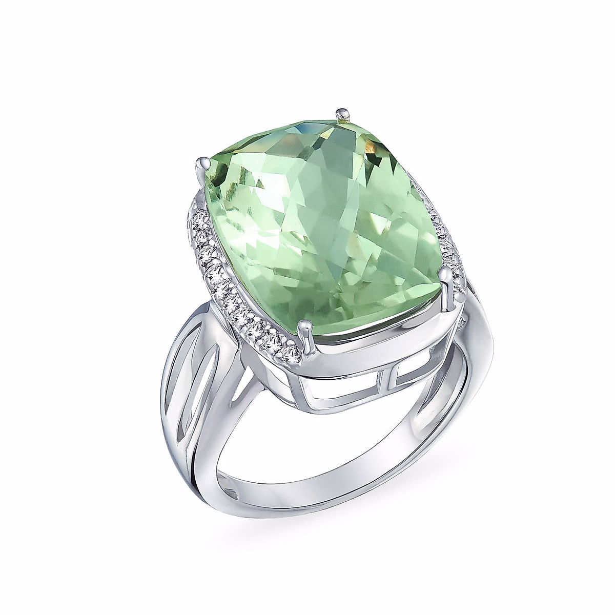 6CT Cushion Cut Natural Zircon Accented Gemstone Light Green Solitaire Statement Prasiolite Ring For Women .925 Sterling Silver Split Shank August Birthstone