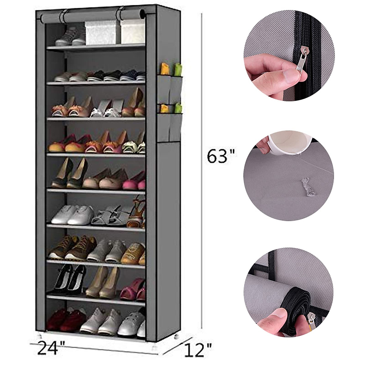 PENGKE 9-Shelf Shoe Organizer with Dust Cover - Closet shelf for up to 27 pairs of shoes - Designed for doorways, hallways, balconies, living rooms - Gray