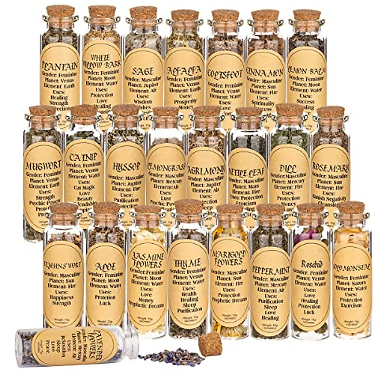Witchcraft Supplies, 24 Bottles Herbs for Witchcraft, Dried Herbs for Witchcraft, Pagan, Rituals, Witch Spells, Wiccan Supplies and Tools