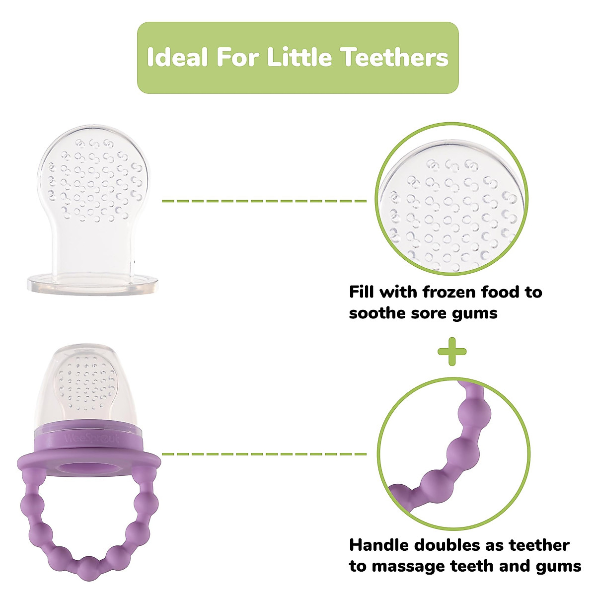 WeeSprout Silicone Baby Food Feeders + Freezer Tray for Batch Prep, Set of 2, Introduce New Foods Safely, Double as Teething Toys, Includes 2 Extra Pouches & Travel Lids, Dishwasher Safe