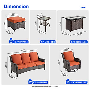 XIZZI Patio Furniture Set with Fire Pit Table,7 Pieces Outdoor Furniture with Swivel Rocking Chairs,All Weather Wicker Outside Conversation Sets for Balcony,Deck,and Backyard,Brown Rattan Orange Red