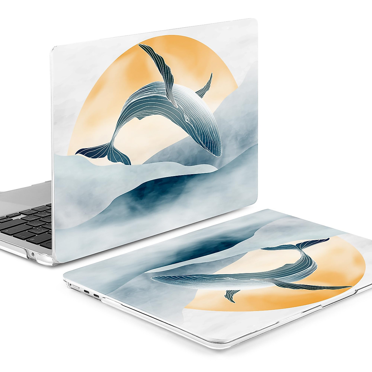 Yebiseven Case for MacBook Air 15 inch M3/M2 2024 2023 Released Model A3114/A2941, Plastic Hard Shell Laptop Case with Keyboard Cover & Trackpad Film & 2 OTG Adapters, Art Whale