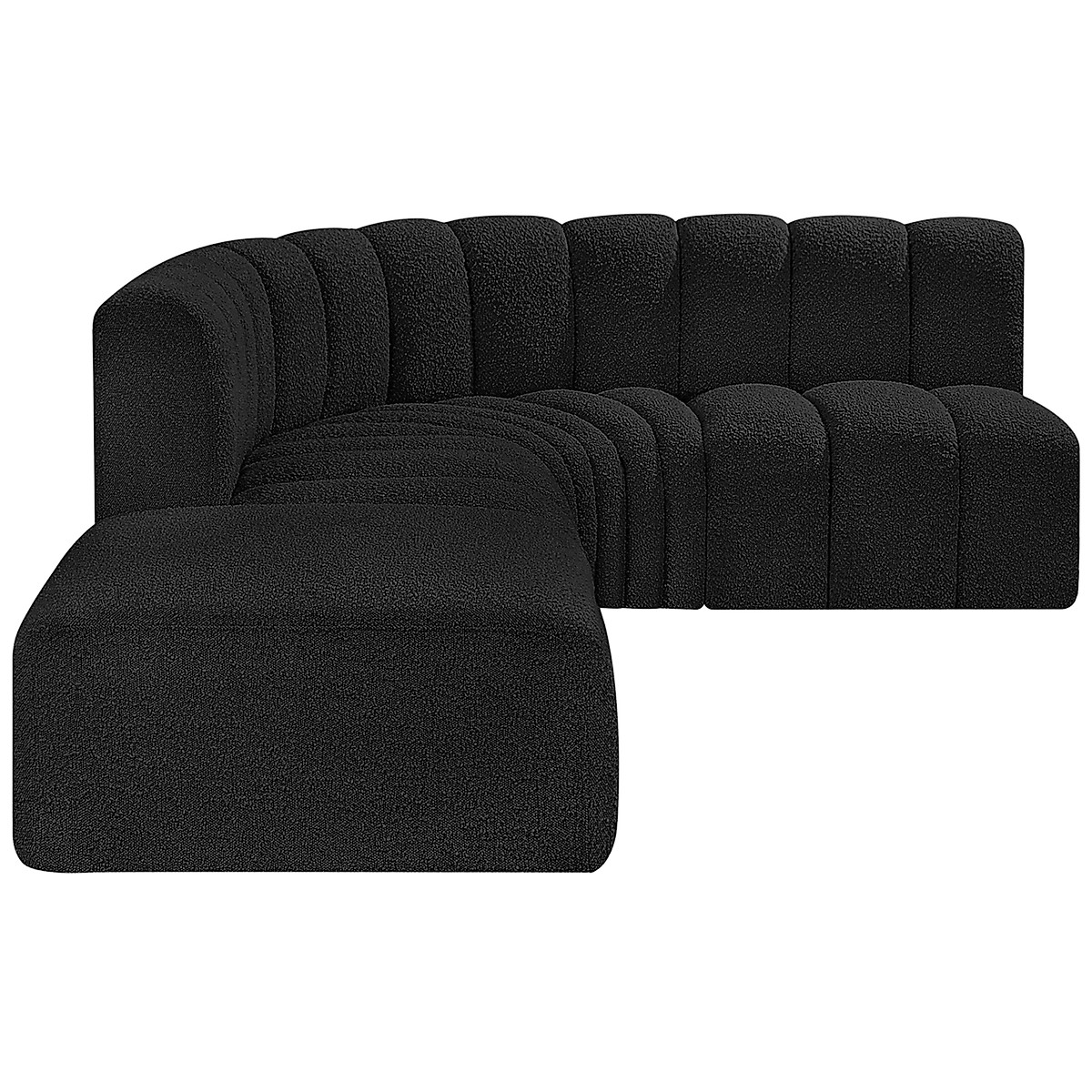 Meridian Furniture 102Black-S5C Arc Collection Modern | Contemporary Modular Sofa with Rich Black Boucle Fabric, Deep Channel Tufting, Modular Design, 127" W x 61" D x 30" H, Black