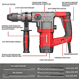 Rotary Hammer Drill, Revvstark 13 Amp 1-1/4 Inch SDS-Plus Heavy Duty Rotary Hammer Drill Powerful, Safety Clutch 4 Functions, Vibration Control Including Grease, Chisels, Drill Bits and Case