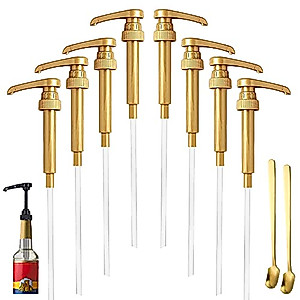 DupakSYS Premium 8 Packs Coffee Syrup Pump Dispenser, Fits 25.4 Oz/750ml Coffee Flavoring Syrup Bottles, No Dripping, Great for Home & Coffee Bar Drinking Mixes, Tea, Beverage, Cocktails, Free Spoons (Gold)