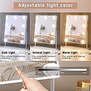 Leishe Vanity Mirror with Lights Hollywood Lighted Makeup Mirror with 9 Dimmable Bulbs & 3 Color Lighting Modes, Detachable 10X Magnification Mirror and 360 Degree Rotation(White)