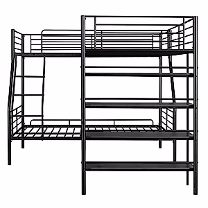 Cotoala L-Shaped Metal Twin Over Full Bunk Bed and Twin Size Loft Bed with 4 Shelves, Steel Bedroom Bedframe for Bedroom, Dorm, Adults, No Spring Box Required