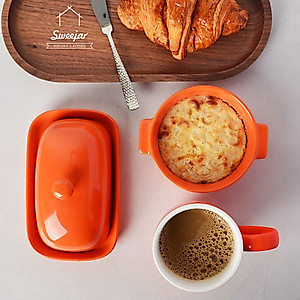 Sweejar Ceramics Butter Dish with Lid, Butter Keeper Container, East/West Coast Butter, 7 inches (Orange）