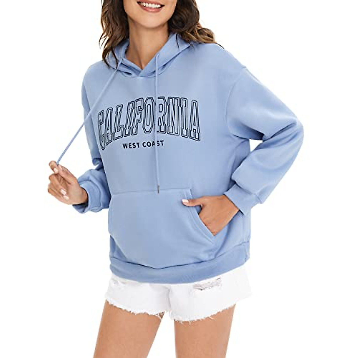 SOLY HUX Women Casual Fashion California Hoodie Los Angeles Pullover Drawstring Graphic Sweatshirt Blue L