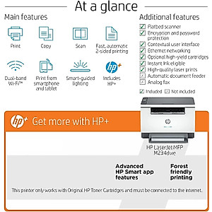HP Laserjet MFP M234dwe All-in-One Wireless Monochrome Laser Printer, Print Scan Copy - 30 ppm, Up to 600 x 600 dpi, 8.5" x 14", Auto Duplex Printing, Bluetooth, Ethernet, Gray, Cbmou Printer_Cable
