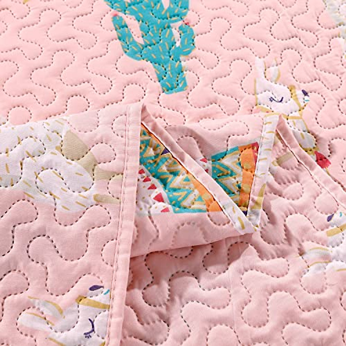 Animal Reversible Quilt Bedding Set, White Alpaca Blue Cactus Print Pink Coverlet, Microfiber Lightweight Soft Bedspreads Bedroom Decor with 2 Pillowcases for All Season