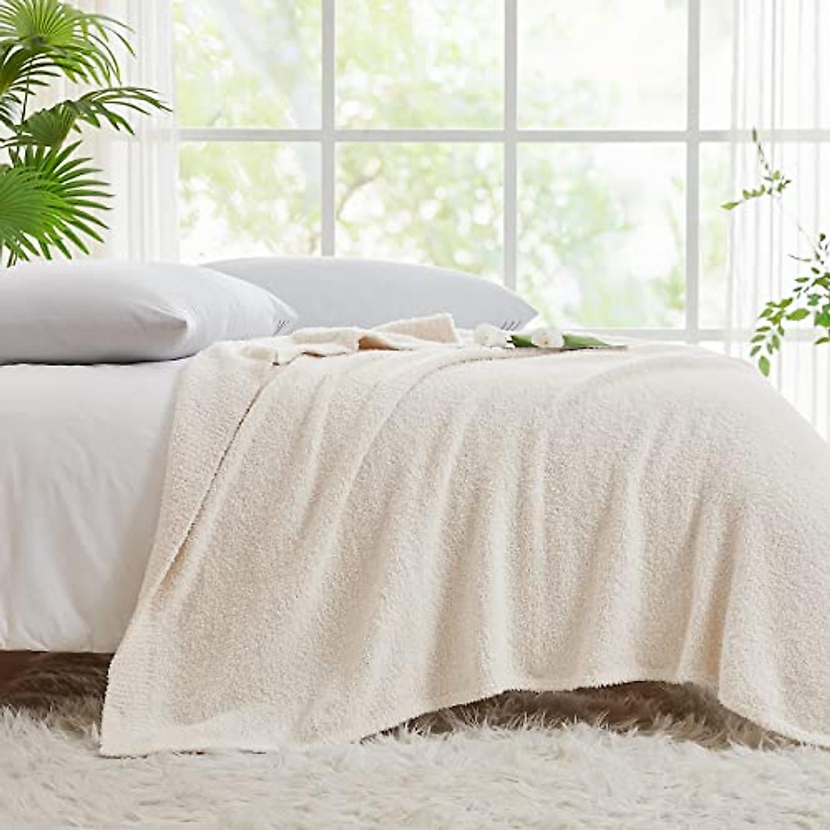 CYMULA Knit Throw Blanket for Couch Cream White-Super Soft Lightweight Plush Fuzzy Fluffy Cozy Blankets and Throws for Sofa Bed, 50x60 inches