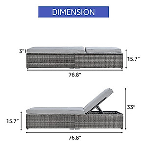 Patiorama Outdoor Patio Chaise Lounge Chair, Elegant Reclining Adjustable Pool Rattan Chaise Lounge Chair with Light Grey Cushion, Grey PE Wicker, Steel Frame, Set of 2