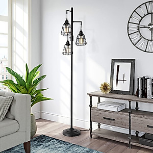 9MMML 68” Living Room Floor Lamp, Industrial Farmhouse 3 Teardrop Cage Standing Lamp,Black Tall Floor Lamp for Bedroom Office, 3 LED Edison Bulbs Included