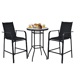 Tangkula 3 Pieces Outdoor Patio Bar Set, Outdoor Bistro Set with 2 Bar Stools and 1 Tempered Glass Bar Table, Bar Height Patio Table and Stools Set for Backyard, Garden, Lawn (Black)