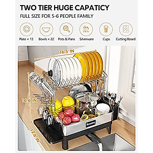 BOOSINY Dish Drying Rack with Drainboard Set, 304 Stainless Steel Dish Rack, 2 Tier Extra Large Dish Drainer with Cup Holder and Utensil Holder for Kitchen Counter of Big Family
